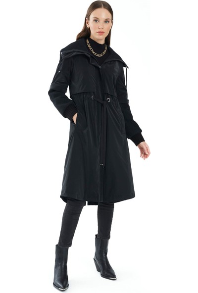 Zühre Geniş Yakalı ve Bel Bağlamalı Siyah Kap/kaban 12657