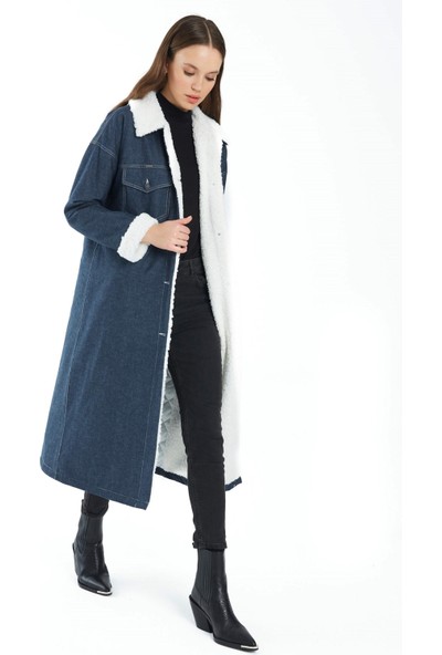 Zühre Kot ve Peluş Detaylı Indigo Kap/kaban 12668 Zühre Kot ve Peluş Detaylı Indigo Kap/kaban 12668