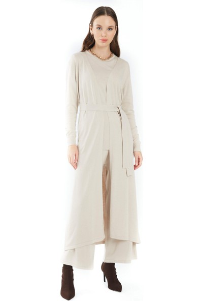 Zühre Bel Bağlamalı Uzun Bej Hırka HRK-0004