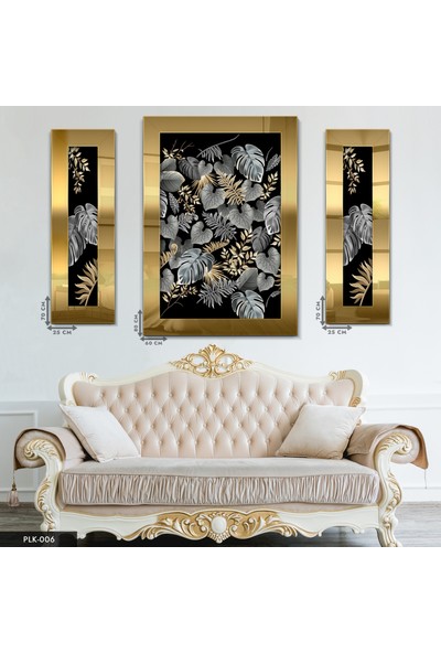 Evine Moda Yaprak Gold 3 Parça Aynalı Tablo Evine Moda Yaprak Gold 3 Parça Aynalı Tablo