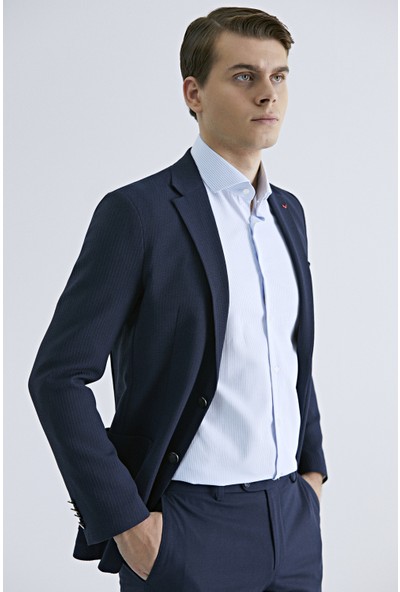 D'S Damat Ds Damat Slim Fit Lacivert Çizgili Kumaş Ceket