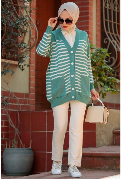 Neva Style - Çizgili Mint Tesettür Triko Hırka 2684MINT Neva Style - Çizgili Mint Tesettür Triko Hırka 2684MINT