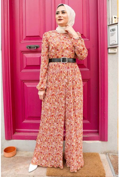 Neva Style - Çiçek Desenli Turuncu Tesettür Tulum 28960T Neva Style - Çiçek Desenli Turuncu Tesettür Tulum 28960T