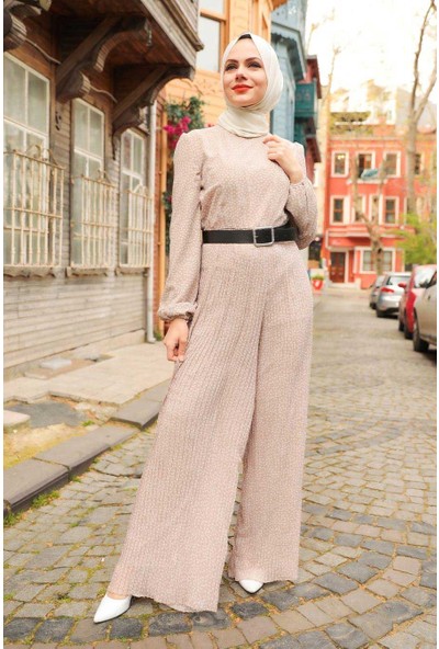 Neva Style - Puantiyeli Bej Tesettür Tulum 2896BEJ