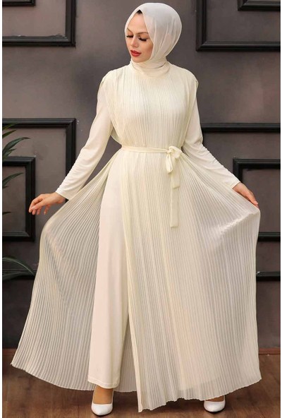 Neva Style - Plise Detaylı Ekru Tesettür Tulum 30120E Neva Style - Plise Detaylı Ekru Tesettür Tulum 30120E