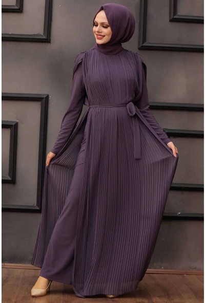 Neva Style - Plise Detaylı Koyu Lila Tesettür Tulum 30120KLILA Neva Style - Plise Detaylı Koyu Lila Tesettür Tulum 30120KLILA