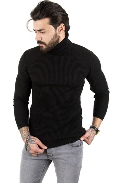 Deepsea Siyah Tam Balıkçı Yaka Çizgili Örme Kazak 2100016