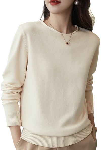 Skimsx Kadın Yuvarlak Yaka Kıvrık Örme Yün Kazak Bej S (Yurt Dışından) Skimsx Kadın Yuvarlak Yaka Kıvrık Örme Yün Kazak Bej S (Yurt Dışından)