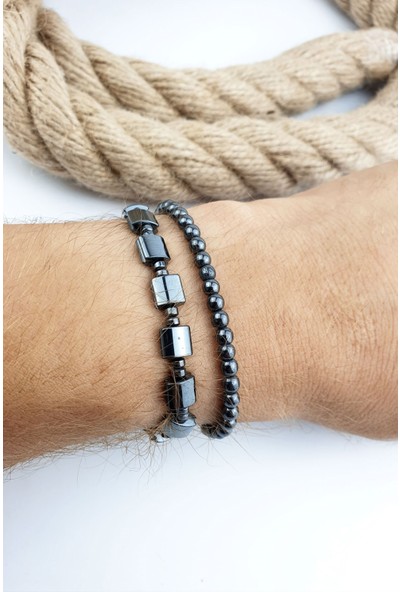 ÇLK Accessories Asansörlü 2 Li Antrasit Onix Boncuk Erkek Bileklik B250