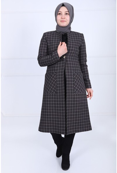 Kombinal Kadın Füme Ekoseli Tesettür Uzun CEKET-0013 Kombinal Kadın Füme Ekoseli Tesettür Uzun CEKET-0013