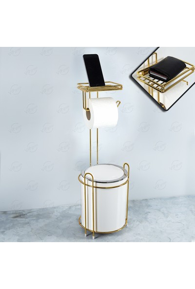 Vip Gross - Wc Kağıtlık Yedekli ve Çöp Kovası Beyaz Gold KB-755