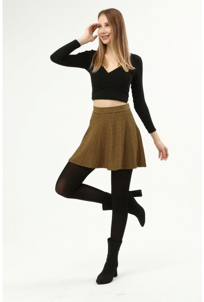 Neslice Kadın Hardal Kazayağı Desenli Mini Etek