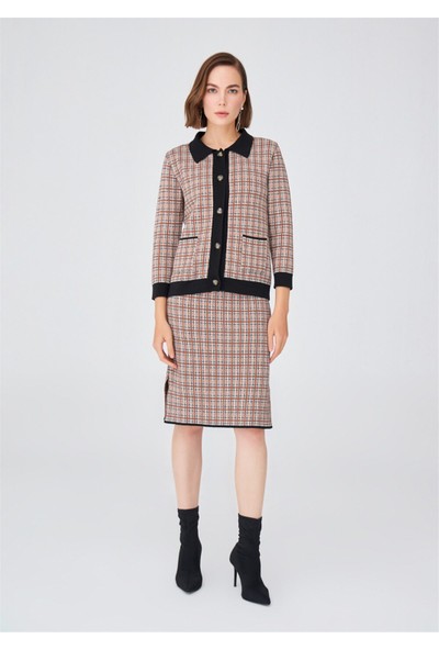 Peraluna Polo Yaka Ekose Kadın Triko Ceket Siyah