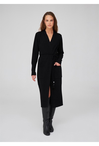 Peraluna Kemerli Şal Yaka Kaşmir Karışım Uzun Kadın Triko Hırka Siyah Peraluna Kemerli Şal Yaka Kaşmir Karışım Uzun Kadın Triko Hırka Siyah