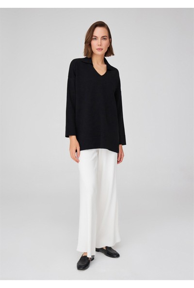 Peraluna Polo V Yaka Bol Kesim Kadın Triko Kazak Siyah