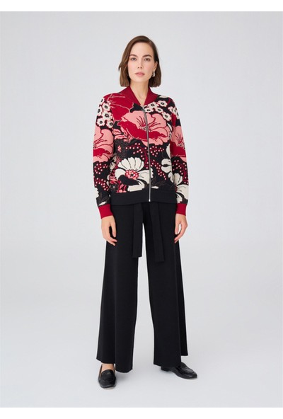 Peraluna Çiçek Desenli Fermuarlı Pamuk Kadın Triko Ceket Çok Renkli