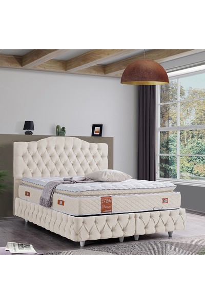 Cesur Viyana Çift Kişilik Baza Başlık Premium Pedli Yatak Seti, Krem