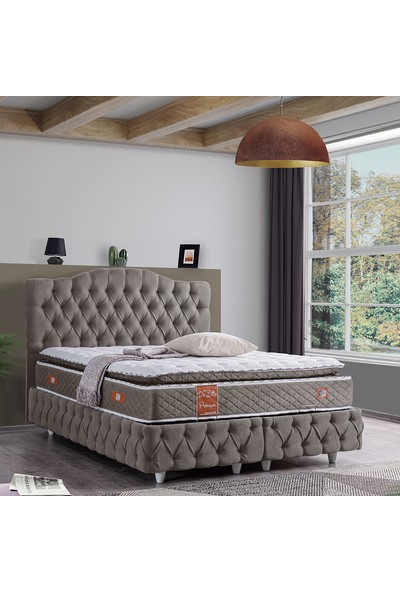 Cesur Viyana Çift Kişilik Baza Başlık Premium Pedli Yatak Seti, Açık Gri