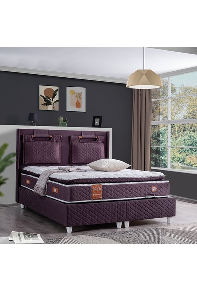 Cesur Venedik Çift Kişilik Baza Başlık Premium Pedli Yatak Seti, Mor