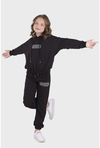 Lela % 100 Pamuklu Baskılı Kapüşonlu Cepli Eşofman Takımı Kız Çocuk Eşofman Takımı 593147