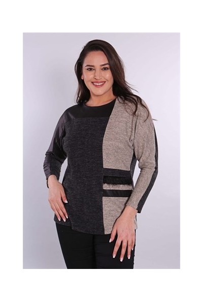 Büyük Beden Deri Robalı Düşük Kol Bej Bluz