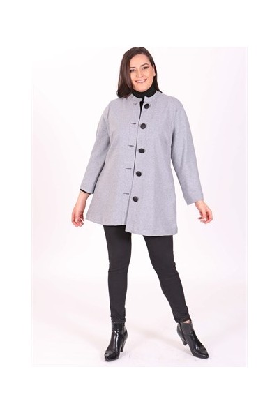Trend42plus Büyük Beden Hakim Yaka Gri Kaban