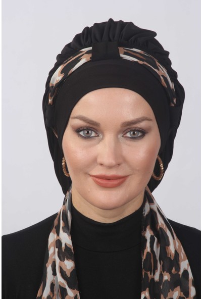 Hashatun Dökümlü Leopar Fularlı Bone