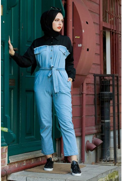 Neva Style Neva Style - Gömlekli Siyah Tesettür Tulum 241S