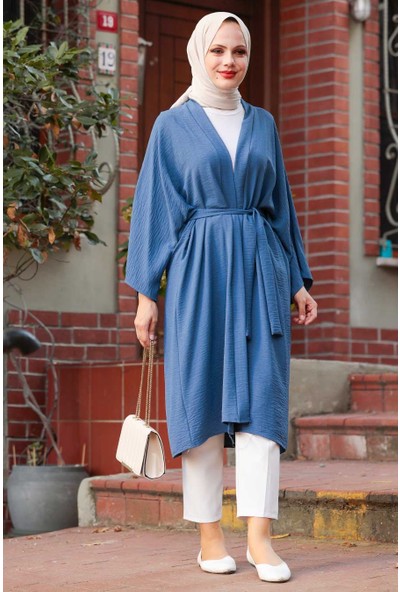 Neva Style Neva Style - Kuşaklı Indigo Mavisi Tesettür Kimono 40930IM