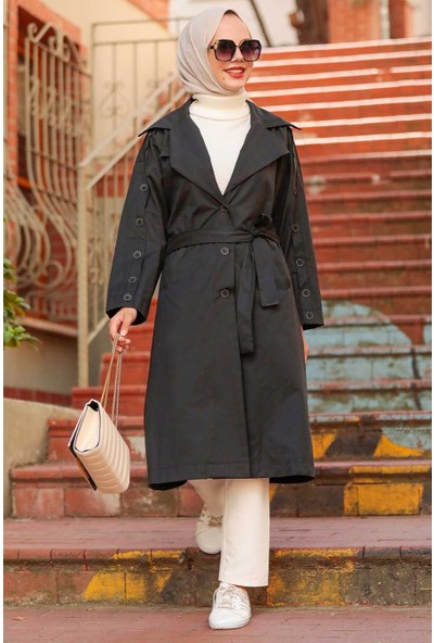Neva Style Neva Style - Düğmeli Siyah Tesettür Trençkot 8919S Neva Style Neva Style - Düğmeli Siyah Tesettür Trençkot 8919S