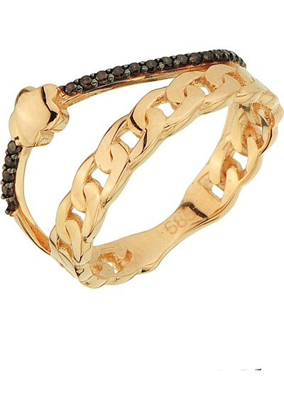 Goldium Altın Siyah Taşlı Çiçekli Yüzük
