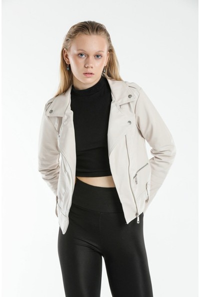 Candybia Kadın Krem Suni Deri Biker Ceket