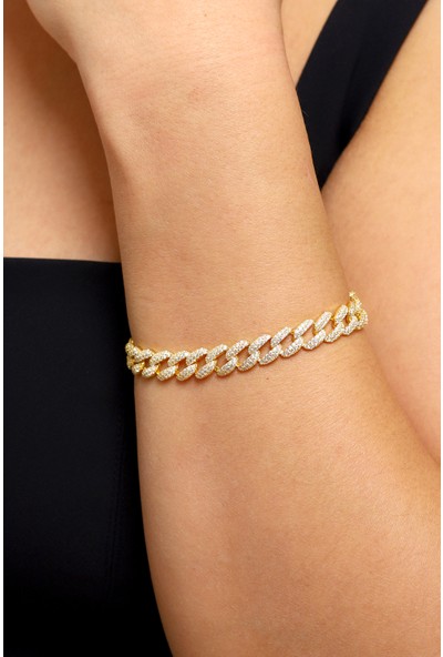 Hestia Silver Taşlı Zincir Örgü Altın Kaplama Gümüş Bileklik