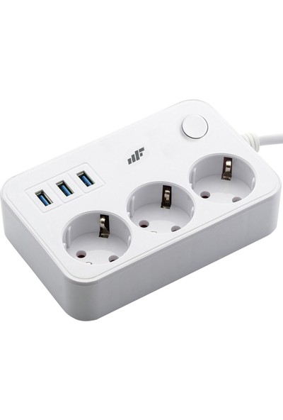 MF Product Jettpower 0370 Akım Korumalı 3 USB'li 3'lü Grup Priz 2 m Uzatma Kablosu Beyaz