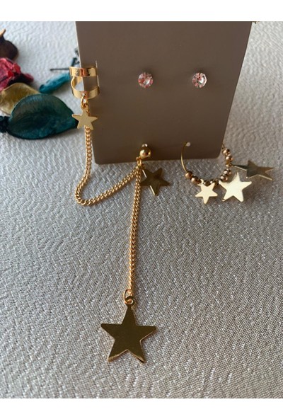 Mingy Gold Renk Zincirli Halkalı Yıldız Tema Kıkırdaklı Çoklu Küpe Seti