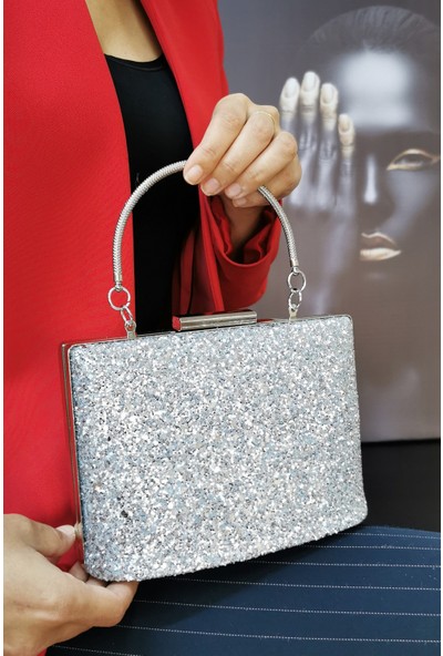 Nazart Kadın Pullu Gümüş Abiye Clutch Portföy Kadın Gece Çantası