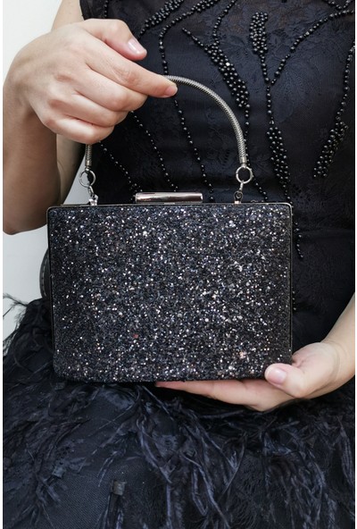 Nazart Kadın Pullu Siyah Abiye Clutch Portföy Kadın Gece Çantası