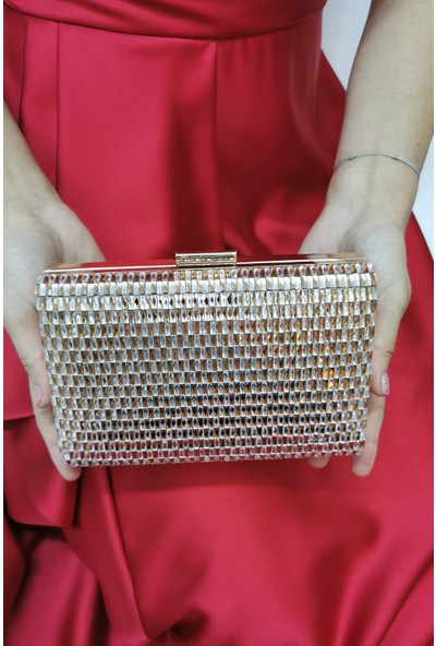 Nazart Kadın Cam Taşlı Altın Abiye Clutch Portföy Kadın Gece Çantası
