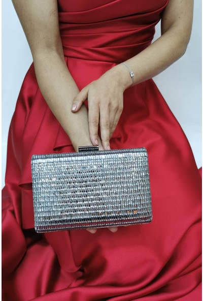 Nazart Kadın Cam Taşlı Platin Abiye Clutch Portföy Kadın Gece Çantası