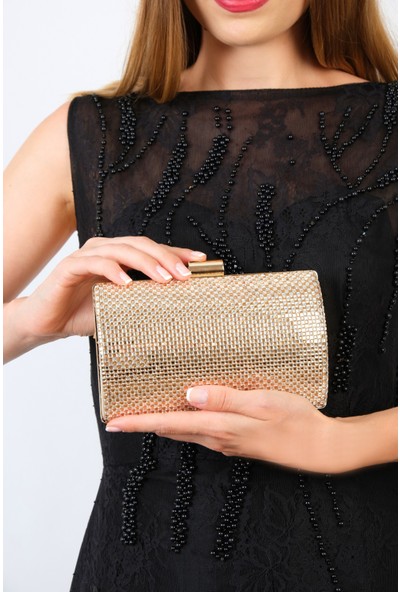 Nazart Kadın Cam Taşlı Altın Abiye Clutch Portföy Kadın Gece Çantası