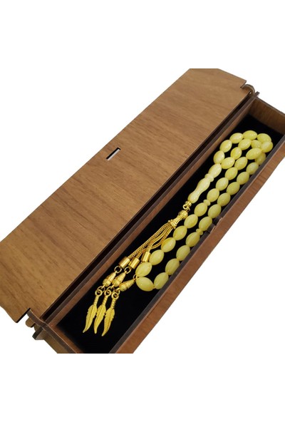 Sinerji Shop Ahşap Işlemeli Kutuda Toz Kehribar Tesbih