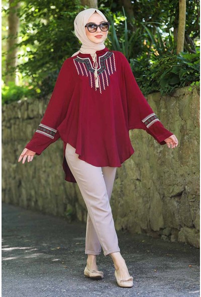 Neva Style Neva Style - Dantelli Bordo Tesettür Panço 236BR Neva Style Neva Style - Dantelli Bordo Tesettür Panço 236BR