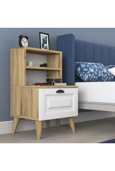 Rani BD105 Modern Ayaklı Raflı Çekmeceli Komodin Keçe Ceviz Beyaz