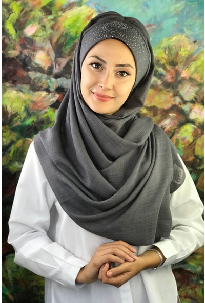 Butik Ambar Gümüş Pul Baskılı Helezon Desenli Koyu Gri Hazır Şal