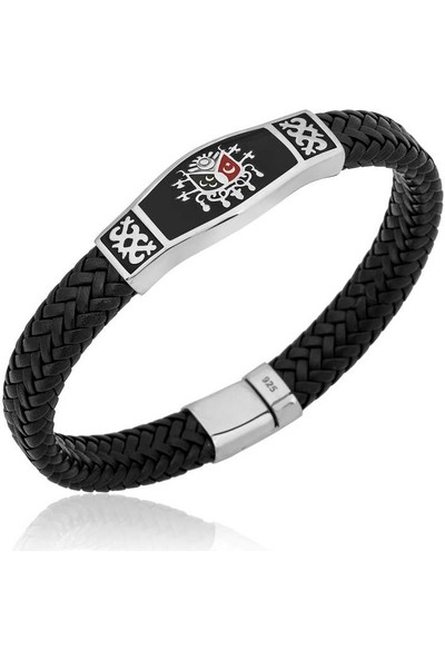 Silver Gümüş Osmanlı Devlet Armalı Deri Erkek Bileklik