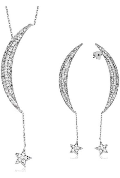 Silver Gümüş Zincirli Ay Yıldız Bayan Set