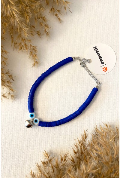 Enpatili Kedi Tasması Kedi Kolyesi Ayarlanabilir Zilli Nazar Boncuklu Mavi