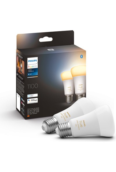 Philips Hue 8-75W Beyaz Ambiyans Akıllı Ampul 2'li Ekopaket E27 Bluetooth Özellikli Philips Hue 8-75W Beyaz Ambiyans Akıllı Ampul 2'li Ekopaket E27 Bluetooth Özellikli