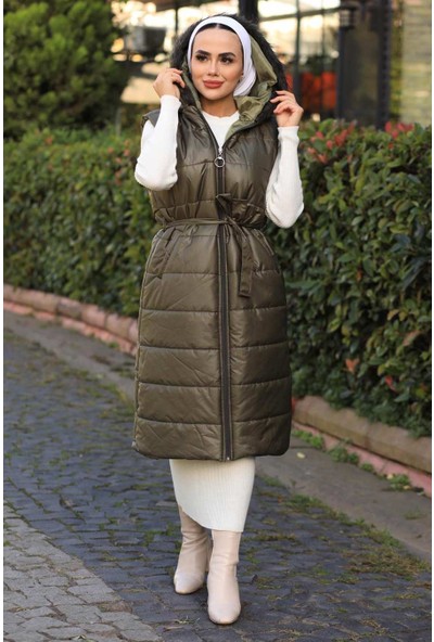 Neva Style - Fermuarlı Haki Tesettür Şişme Yelek 15110HK