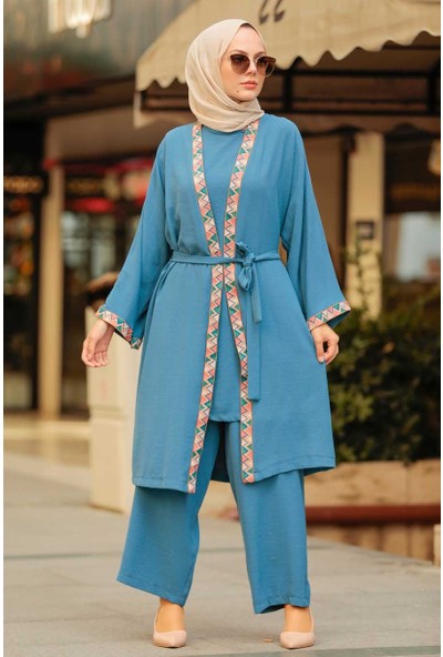 Neva Style - Kimono Indigo Tesettür Üçlü Takım 51910IM